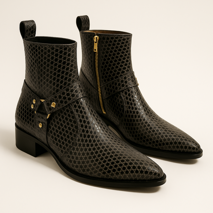 THE GILDED EDGE ANKLE BOOT (BLACK WITH GOLD ACCENTS) – MERCYCLASSIX