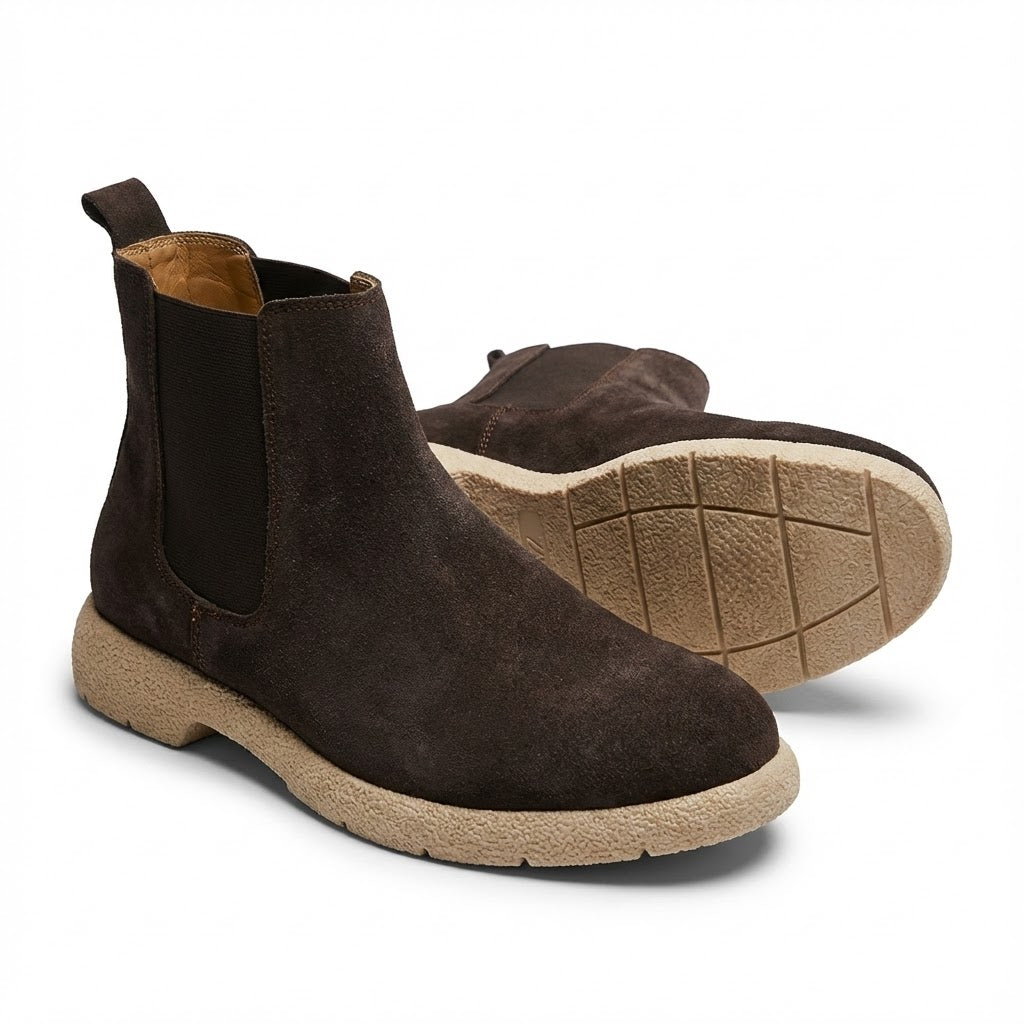 SUEDE LEATHER ROUND SHAPE BROWN COLOR CHELSEA BOOTS – MERCYCLASSIX